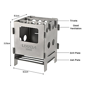 Lixada Stainless Steel/Titanium Wood Stove Camping Stove, Portable Cooking Stove With Storage Bag, For Outdoor Camping, Hiking, Picnic, BBQ etc, 8.2 * 8.1 * 11.6 cm (Titanium)