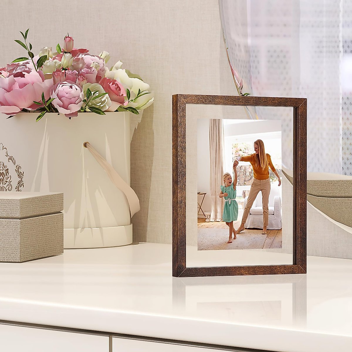 Trwcrt 5x7 Picture Frame Set of 4, Double Glass Floating Picture Frames Display up to 7 x 9 photos for Tabletop or Wall Hanging, Brown