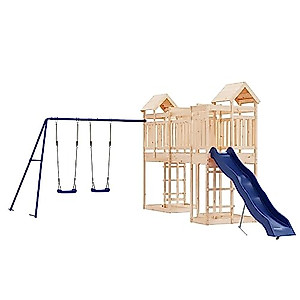 GOLINPEILO Outdoor Playset Solid Wood Pine,Garden Play Set with 1 Play Towers with Bridge,1 Wave Slide,1 Double Swing Set,Modern Outdoor Backyard Children's Climbing Wood Playground Playset,-4555