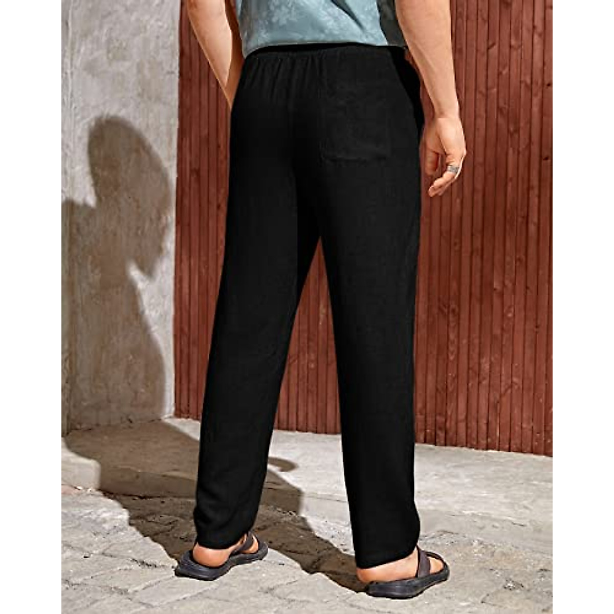Mens Drawstring Linen Pants Relaxed Fit Elastic Waist Casual Pants Lightweight Yoga Beach Trousers Black