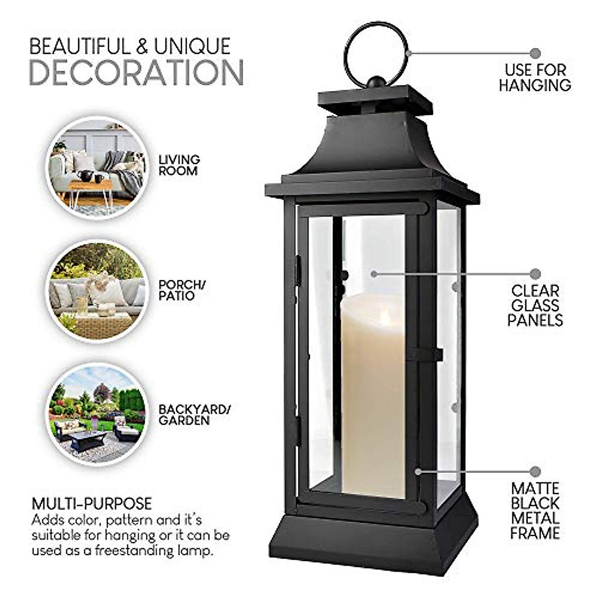 Serene Spaces Living Black Hurricane Lanterns with Clear Glass Panels, Perfect for Home Decor, Parties & Events, Table Top Or Hanging Lantern for Indoor & Outdoor, Measures 15" Tall and 5" Diameter