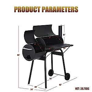 Charcoal Grills Outdoor BBQ Grill Offset Smoker with Wheels Side Fire Box Portable Barbecure Grill for Outdoor Cooking Backyard Camping Picnics,Black