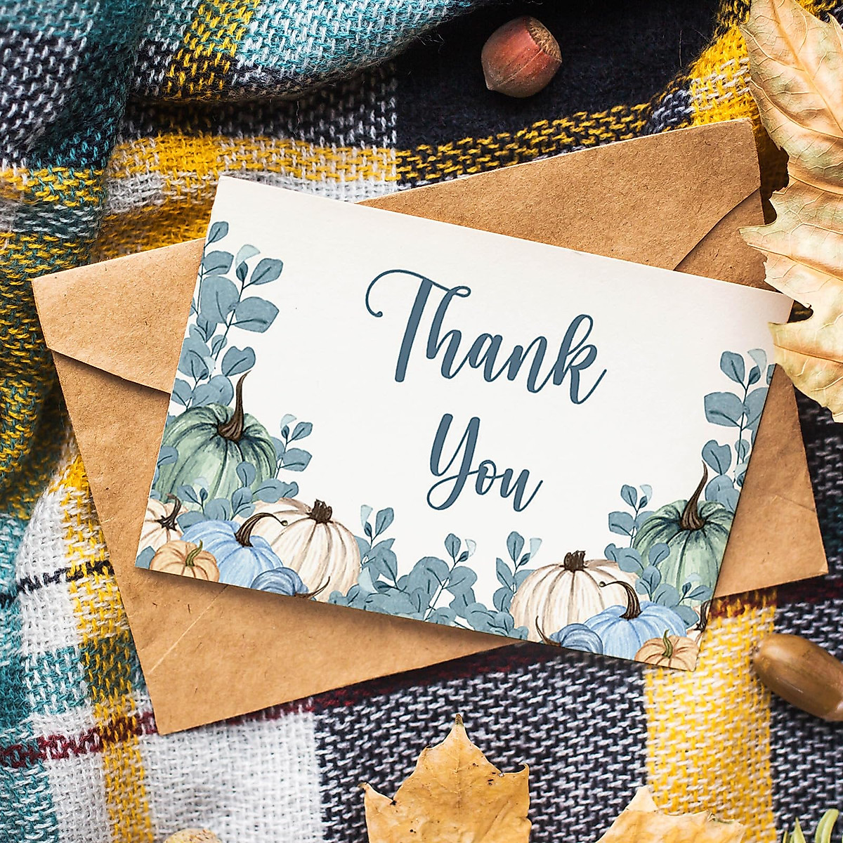 AnyDesign 36 Pack Fall Pumpkin Thank You Card Grey Blue Pumpkin Thank You Note Cards with Envelope Stickers Blue Eucalyptus Leaves Blank Cards for Fall Thanksgiving Baby Shower Wedding, 4 x 6 Inch