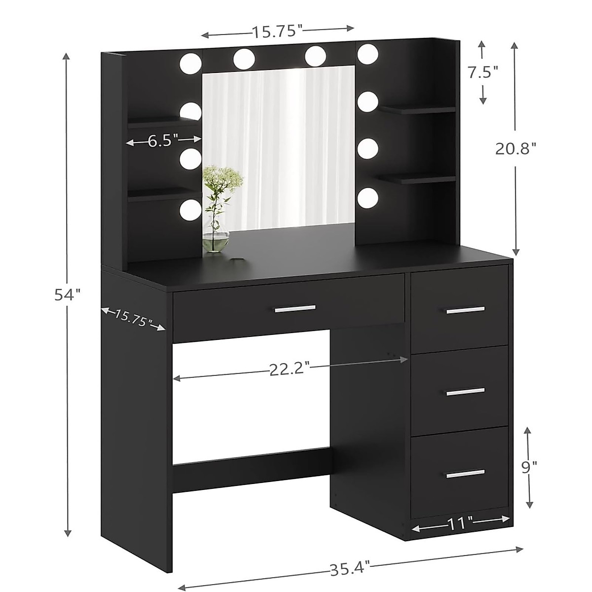 Irontar Vanity Desk, Makeup Vanity with 10 LED Lights and 4 Drawers, Brightness Adjustable, Dressing Table with 6 Shelves, Vanity Table for Women, Black WDT003B