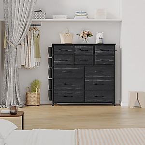 12 Dresser for Bedroom, Chest of Drawers for Bedroom with Side Pockets and Hooks, Fabric Storage Dresser, Sturdy Steel Frame, Wood Top, Easy Pull Handle (Charcoal Black)