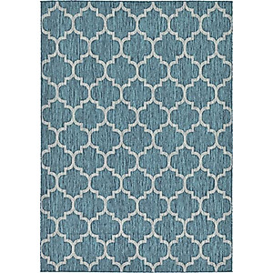 Unique Loom Outdoor Trellis Collection Area Rug (7' 1" x 10' Rectangle, Teal/ Gray)