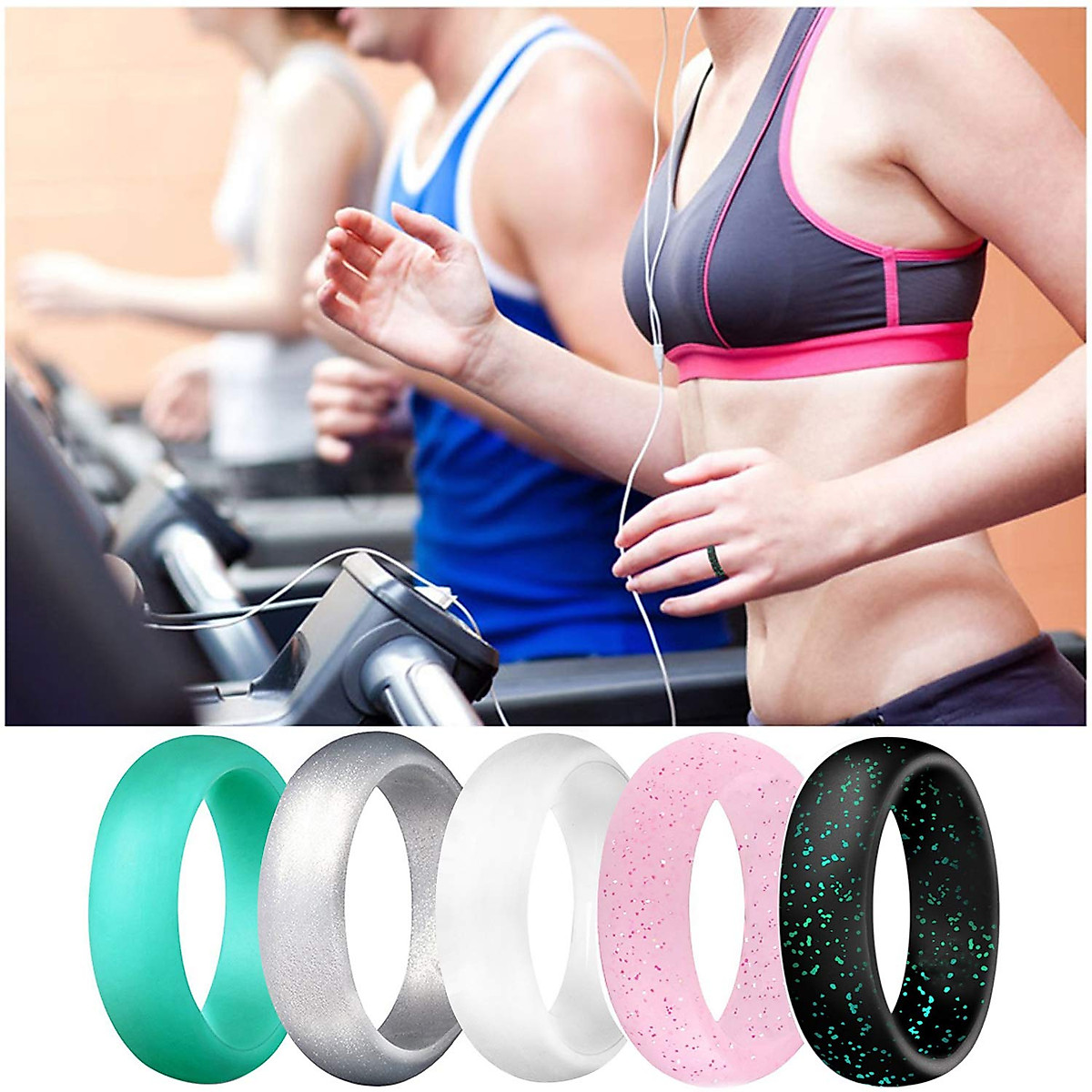 SkullParty Silicone Wedding Ring Bands for Women 10 Pack Size 5 Womens Thin Stackable & Flash Powder Rubber Wedding Band Rings 5.7mm & 3mm Wide - Pink Black Teal Metallic White Grey Mint Green