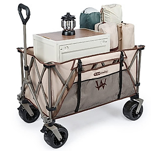 Whitsunday Heavy Duty Collapsible Wagon Cart, 380lb Load-Bearing Utility Wagon Cart with Big All Terrain Wheels, Folding Outdoor Wagon with Side Pocket for Beach, Camping, Outdoor Beige