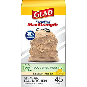 Glad ForceFlex MaxStrength Tall Kitchen Drawstring Trash Bags, 13 Gallon, 50% Recovered Plastic, Lemon Fresh, 45 Count