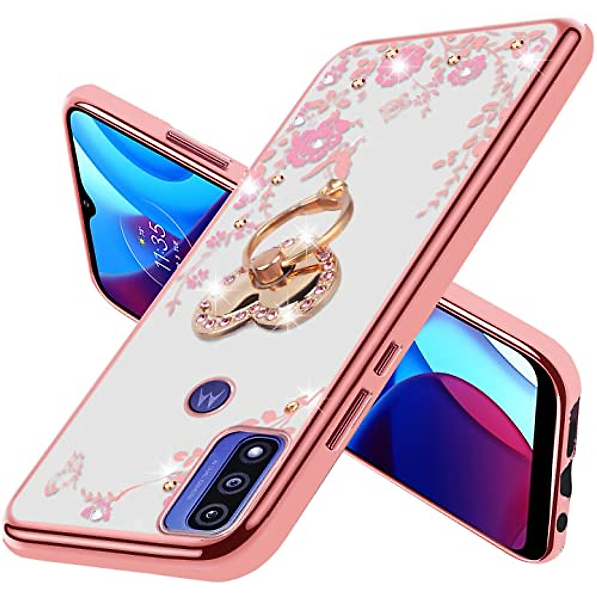 B-wishy for Motorola Moto G Pure Phone Case,Moto G Power 2022 Case for Women, Glitter Butterfly Heart Floral Slim TPU Protective Cover with Kickstand+Strap for Moto G Play 2023(Rose Gold)