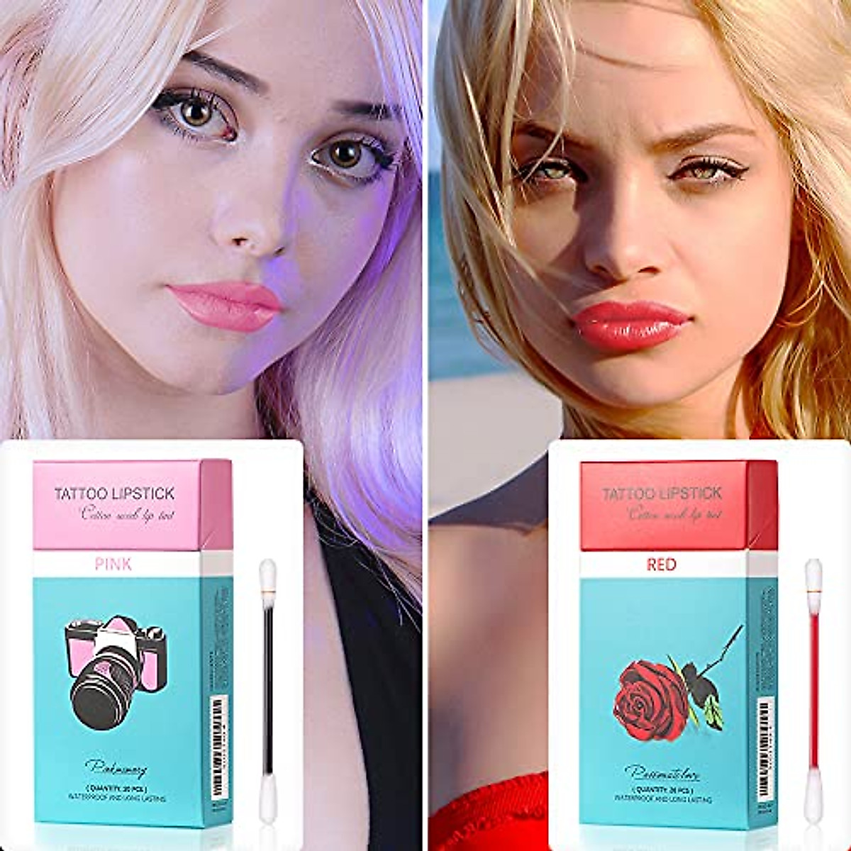 Carlos-CCC 20Pcs Tattoo Lipstick Cotton Swab Lip Tint, Tattoo Lipstick Cotton Swab Lip Gloss, Durable Waterproof Liquid Non-Stick Lipstick (Pink)
