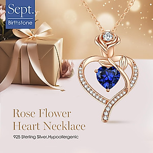 LOUISA SECRET Rose Flower Heart Birthstone Necklaces for Women, 925 Sterling Silver Fine Jewelry, Pendant Heart Necklaces Birthday Anniversary Christmas Gift for Women Wife Mom Girlfriend Lady