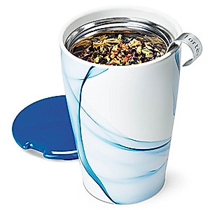 Tea Forte Kati Cup Bleu, Ceramic Tea Infuser Cup with Infuser Basket and Lid for Steeping Loose Leaf Tea