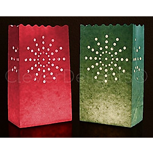 CleverDelights Red and Green Luminary Bags - 30 Count - Sunburst Design - Wedding Party Christmas Holiday Luminaria