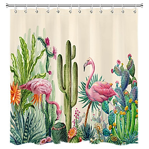 HVEST Cactus Flamingo Shower Curtain for Bathroom, Tropical Green Succulent and Pink Flamingo on Beige Shower Curtain with Hooks, 72X72 inches Sage Green Plant Polyester Fabric Bathroom Curtain