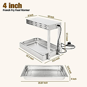 Restlrious French Fry Warmer Commercial Heat Lamp Food Warmer, Free Standing Electric Infrared Heating Dump Station, 500W Stainless Steel Food Warming Light w/Drain Board Drip Pan for Fries 4” Deep