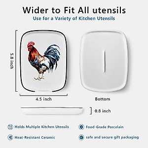 Funny Cute Rooster Patten Ceramic Spoon Rest for Kitchen Stove Top Counter, Large Spoon Holder for Kitchen Counter-Heat Resistant Cooking Utensil Rest Farmhouse Kitchen Décor (Do Not Use Dishwasher)