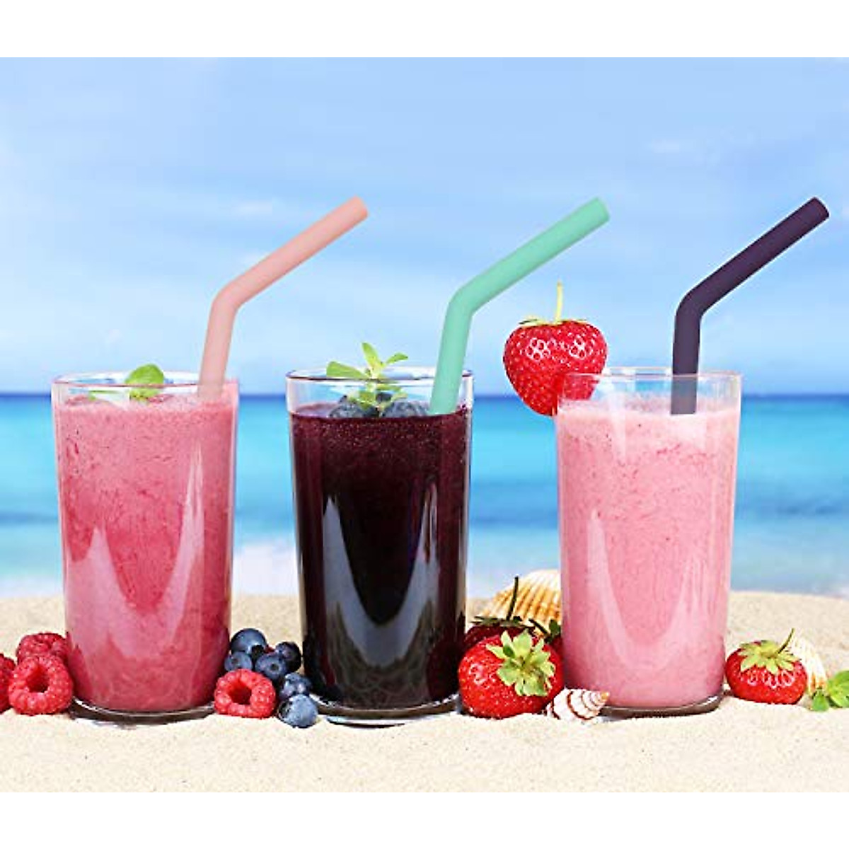 Senneny Set of 6 Silicone Drinking Straws for 30oz and 20oz - Reusable Silicone Straws BPA Free Extra Long with Cleaning Brushes- 6 Bent- 8mm diameter