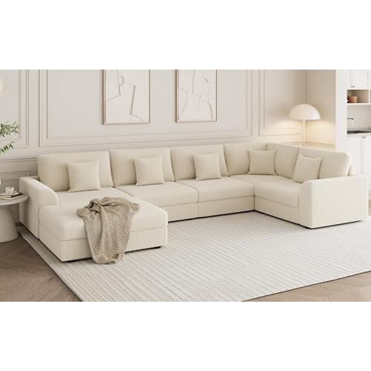 Modular Sectional Sofa, Oversized U Shaped Couch, Convertible Sleeper Sofa, 6 Seat Sofa with Chaise, Deep Seat Comfy Cloud Couch with Ottoman and Five Pillows for Living Room, Corduroy, Beige