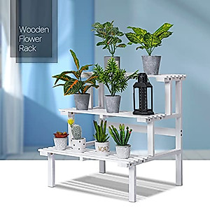 MoNiBloom 3 Tier Stair Style Wood Plant Stand, Flower Pot Display Rack Stand Holder for Indoor Outdoor Patio Lawn Balcony Garden Lawn Home, White