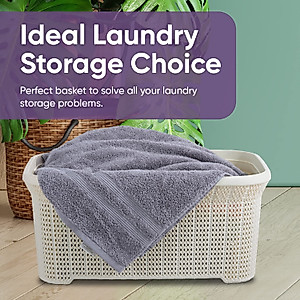 Plastic Laundry Basket Small Storage Hamper Basket, 3 Pack Cream Cloths Basket Organizer with Cut-Out Handles. Space Saving for Laundry Room Bedroom Bathroom, Knit Design 40 Liter.