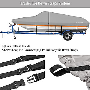 Boat Cover, MAROUTE 600D Waterproof Trailerable Marine Grade Polyster Canvas Fits V-Hull, Tri-Hull Fishing Boat, Runabout, SKi Boat, Bass Boat, up to (Length 17ft-19ft Beam Width Up to 96")
