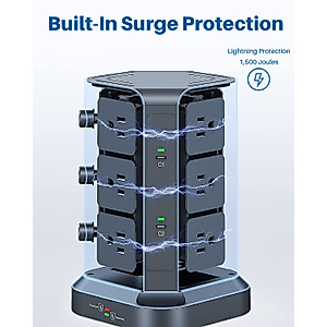 KOOSLA [65W] PD Power Strip Tower Surge Protector, USB C Desktop Charging Station with 12 Widely Spaced AC Outlets / 2 USB-C / 3 USB-A Ports, 6.5ft Heavy-Duty Extension Cord for Home Office Dorm…