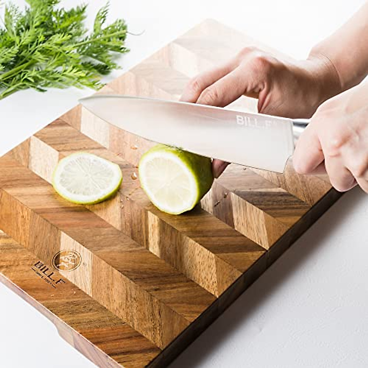 BILL.F Wooden Chopping Board, 14x9 inch Acacia Wood Cutting Board for Kitchen Chopping Butcher Block Cutting Board with End Grain