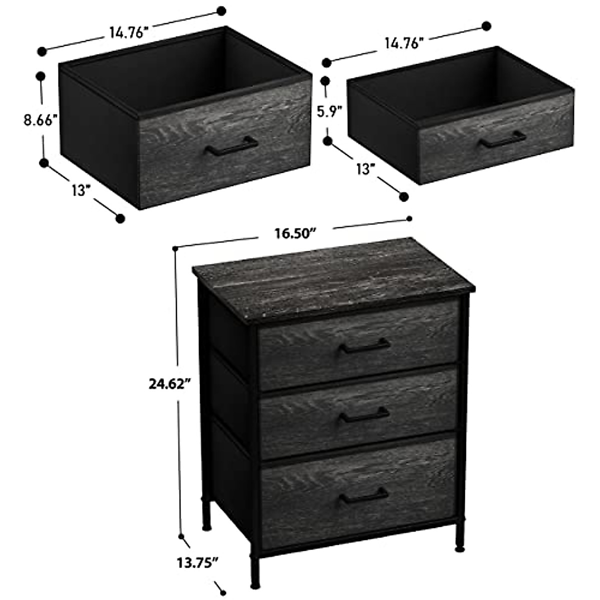 Sorbus Nightstand Dresser with 3 Faux Wood Drawers - Bedside Table Chest with Storage - Bedroom, Living Room, Closet & Dorm Furniture-Lamp Stand - Steel Frame, Wood Top, Easy Pull Fabric Bins