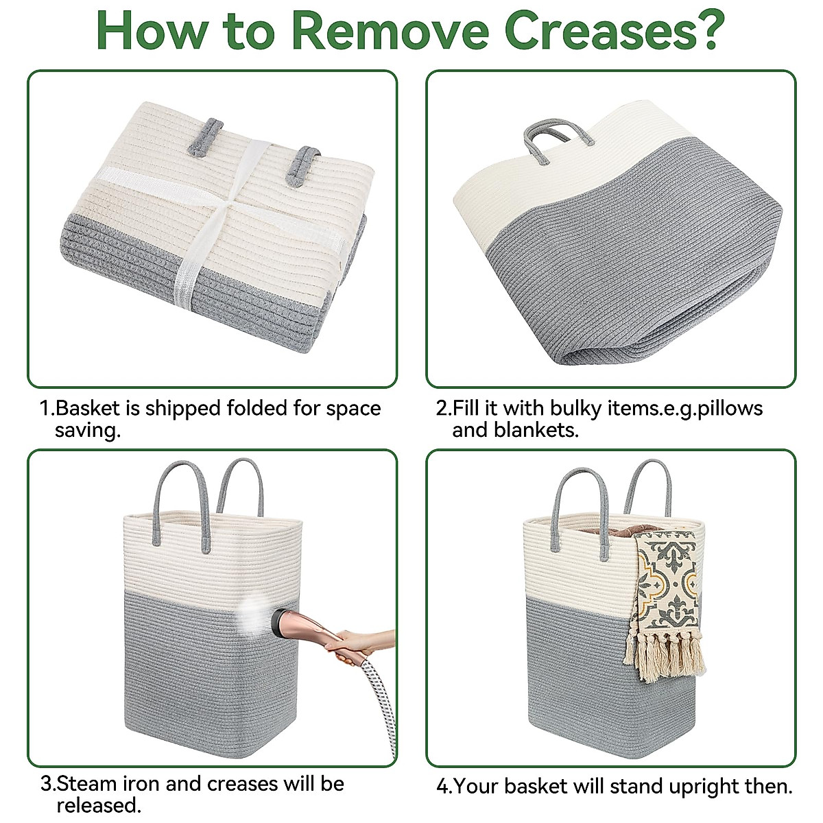 CHICSTASH Cotton Rope Laundry Hamper with Handles,76L Large Laundry Basket Blanket Basket for Living Room Durable Dirty Clothes Basket for Bedroom, Dorm, Towels, Toys(16x13x22in Grey & White)