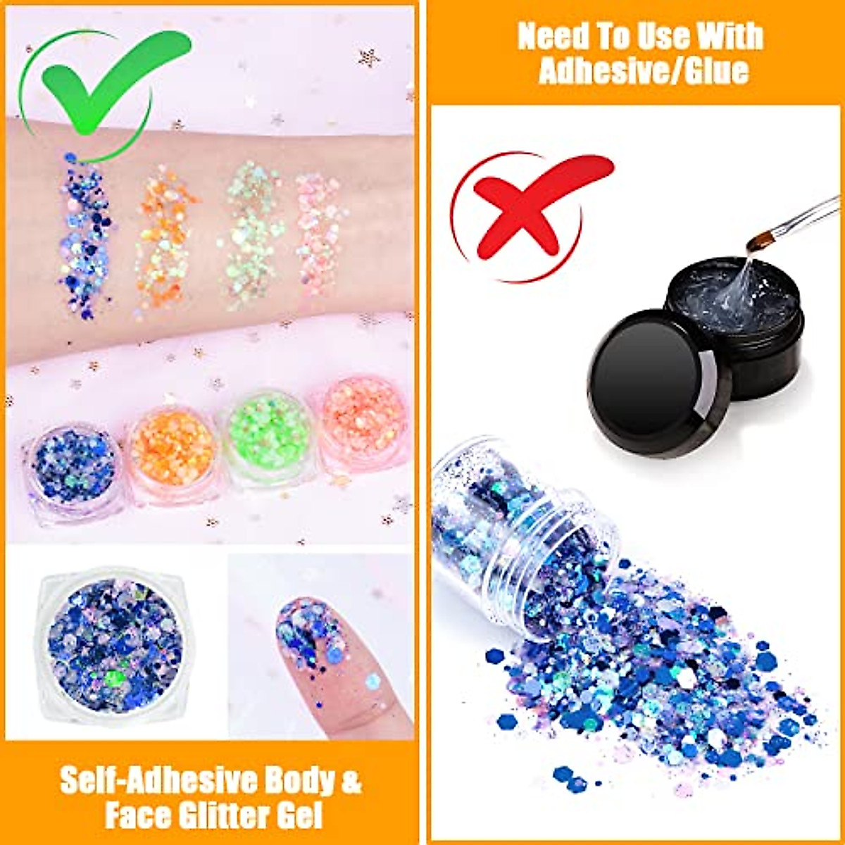 Glow in The Dark Body Face Glitter Gel, 12 Colors Luminous , Self-Adhesive UV Black Light Iridescent Chunky Glitter for Hair/Eyeshadow, Carnival Party Halloween Makeup