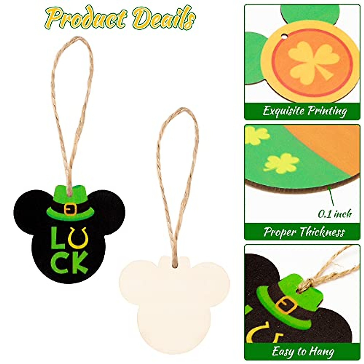 30Pcs St. Patrick’s Day Mouse Wood Hanging Ornaments Shamrock Lucky Clover Hanger Bauble Trefoil Pendant with Rope Irish Mouse Decoration Embellishments Gift Tag Crafts Supplies for Party Home Decor