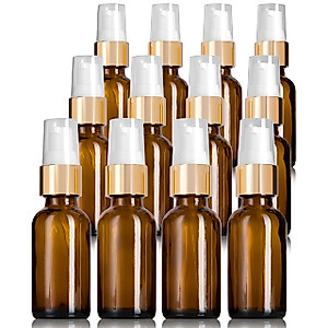 JUVITUS 1 oz / 30 ml Amber Glass Boston Round Bottle with Gold Treatment Pump (12 Pack)
