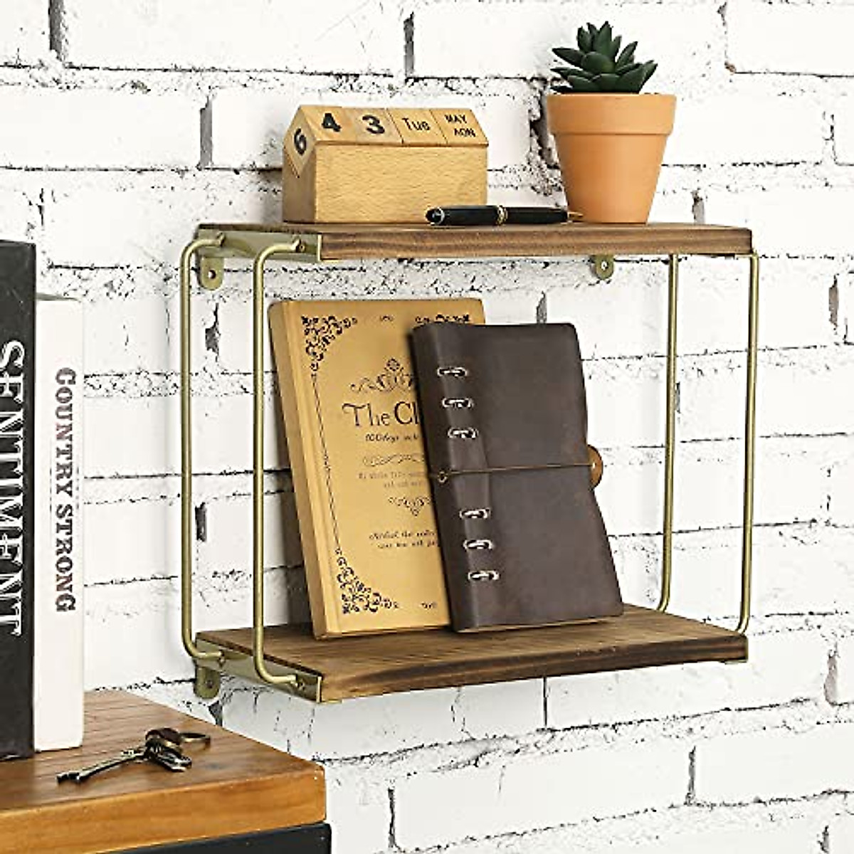 MyGift 2-Tier Burnt Wood Wall Mounted Display Shelves with Vintage Brass Metal Frame