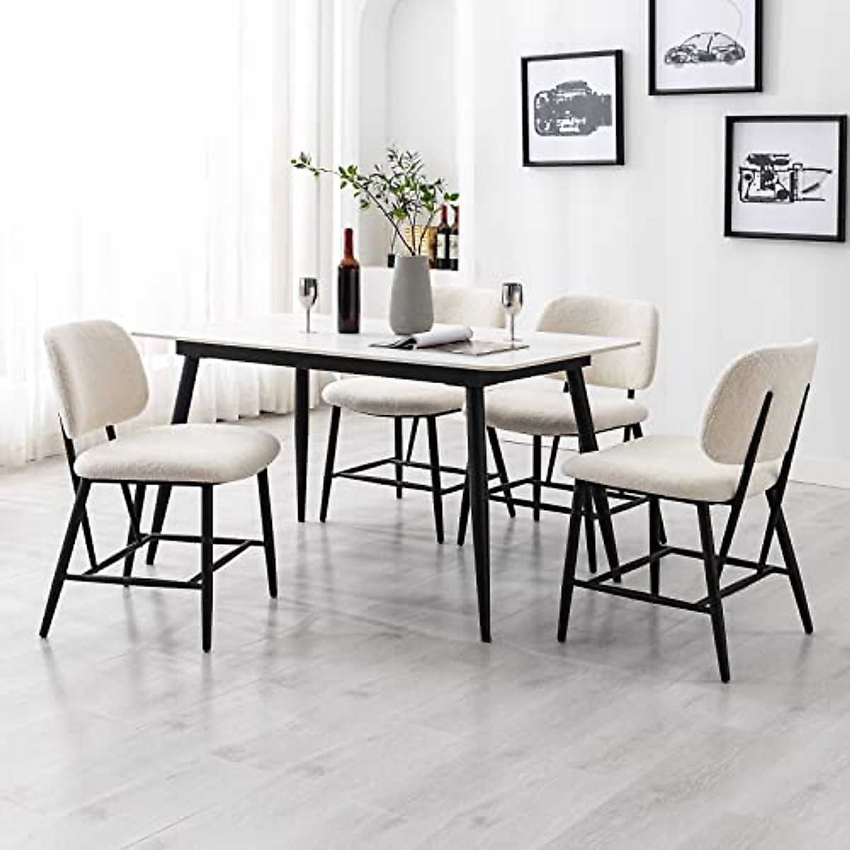 JIRAIN Mid Century Modern Upholstered Dining Chairs, Modern Boucle Fabric Accent Chairs Sherpa Chairs with Metal Legs for Living Room Farmhouse, Set of 2, Black