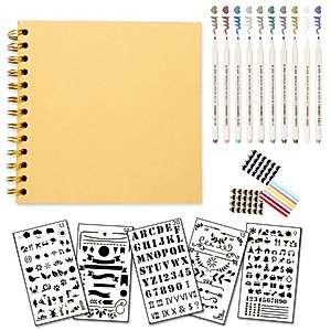 Vexko Scrapbook Bullet Journal Kit: 1 Scrapbook: [7X7 Inches] 20 Sheets, Hardcovers, Black Pages + Scrapbook Supplies: 5 Stencils, 10 Metallic Markers, 3 Sheets of Photo Corners | DIY Photo Album