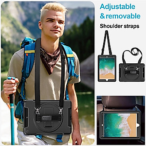 Case for iPad 6th/5th Generation: Protective TPU Cover for iPad 9.7 (2018/2017) & iPad Air 2 9.7" with Screen Protector- Stand- Handle- Shoulder Strap-Pencil Holder- Black