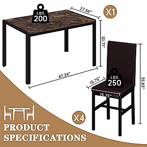 Recaceik Dining Table Set for 4, Kitchen Table and Chairs for 4, Faux Marble Dinner Table Set with 4 Upholstered PU Leather Chairs, Dining Room Table Set for Kitchen Dining Room (Brown)