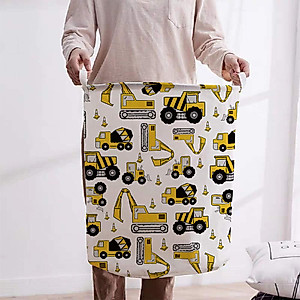 Runtoo 19.7" Large Sized Laundry Hamper Waterproof Foldable Canvas Construction Transports Theme Bucket Clothing Laundry Basket with Handles for Storage Bins Kids Room Home Organizer Nursery Storage