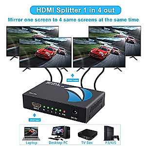 Movcle HDMI Splitter 1 in 4 out Full Ultra HD 1080P 4K/2K 1X4 Port Box Hub with US Adapter v1.4 Powered Certified for 3D Support
