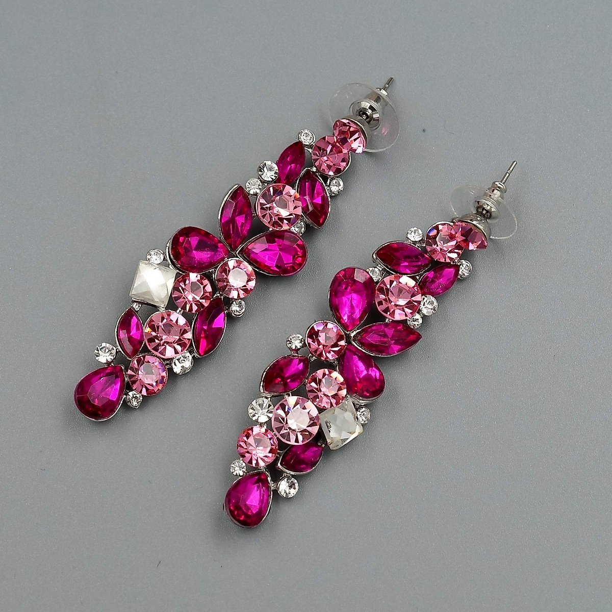 Womens Jewelry Fuchsia Pink Crystal Rhinestone Bridal Drop Dangle Earrings Sparkling Cluster style in Silver Tone for Wedding prom Party Birthday Gift