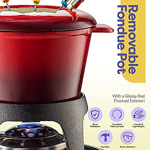 Klee 12-Piece Cast Iron Fondue Set with Red Fondue Pot, 6 Fondue Forks, Fondue Burner and Fondue Pot Base, 44 oz