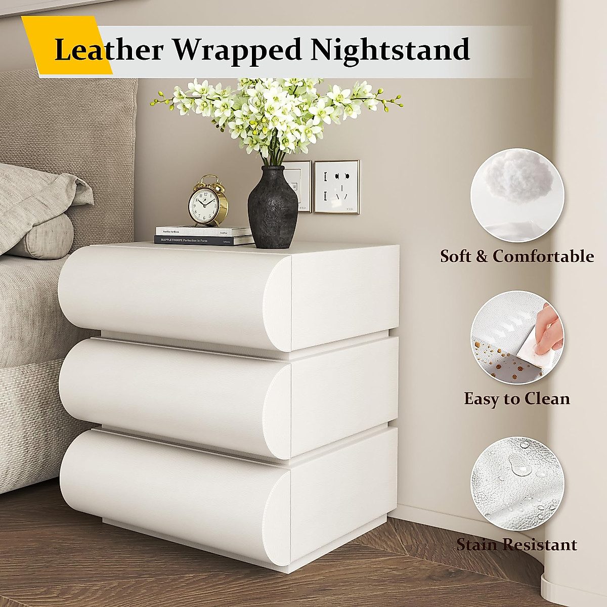 Modern Off White Nightstand with 3 Solid Wood Drawers - Leather Bedside Table for Bedroom/Living Room, Fully Assembled (19.7''H)