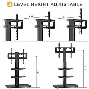 TVON Universal TV Floor Stand with Swivel Mount Height Adjustable for 32-65 Inch Flat or Curved Screen TVs, 3-Shelf Tempered Glass Base for Media Storage, Cable Management, VESA 400x400 mm