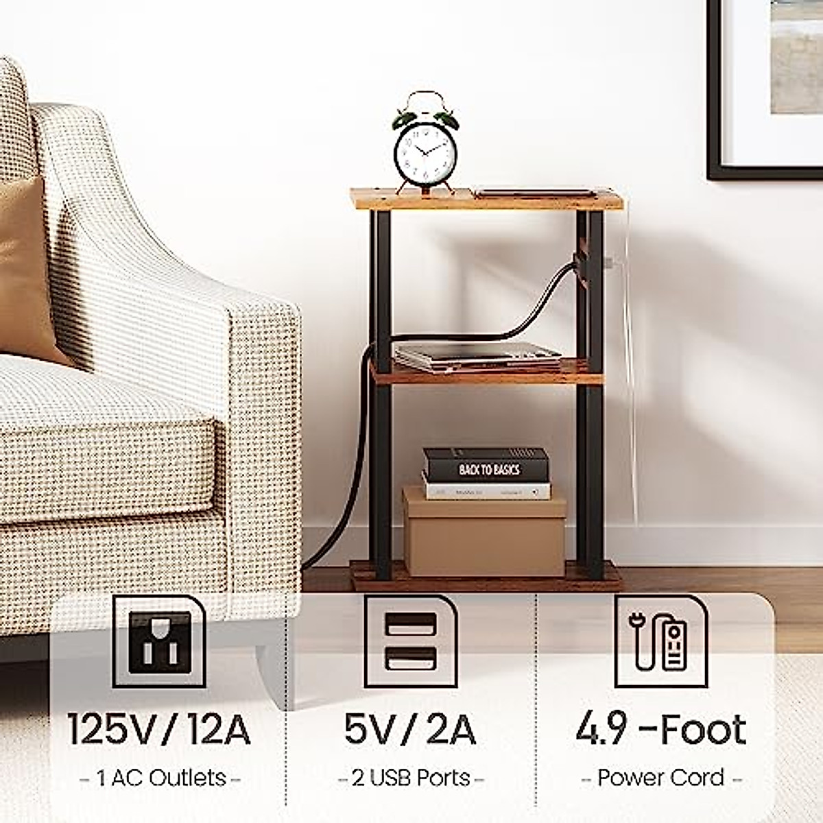 TUTOTAK Small Narrow Side Table with Charging Station, Skinny End Table for Small Spaces, Slim Nightstand with USB Ports and Outlet, Sofa Beside Table with Wheels, Brown TB01BB046