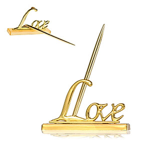 Tinksky Wedding Signing Pen with Gold Plated Metal Love Holder Party Pen Set Wedding Bridal Engagement Valentine's Day Favors (Gold)