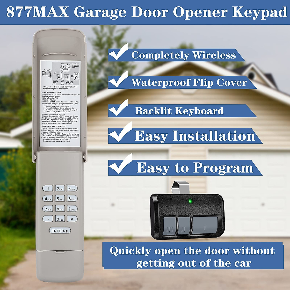 Garage Door Keypad 877MAX with 893MAX Garage Door Opener Remote, 3-Channels Garage Keypad Replace 878MAX 377LM 877LM 376LM 977LM, Fit for All Liftmaster Garage Door Opener Since 1993, 315/390 MHz