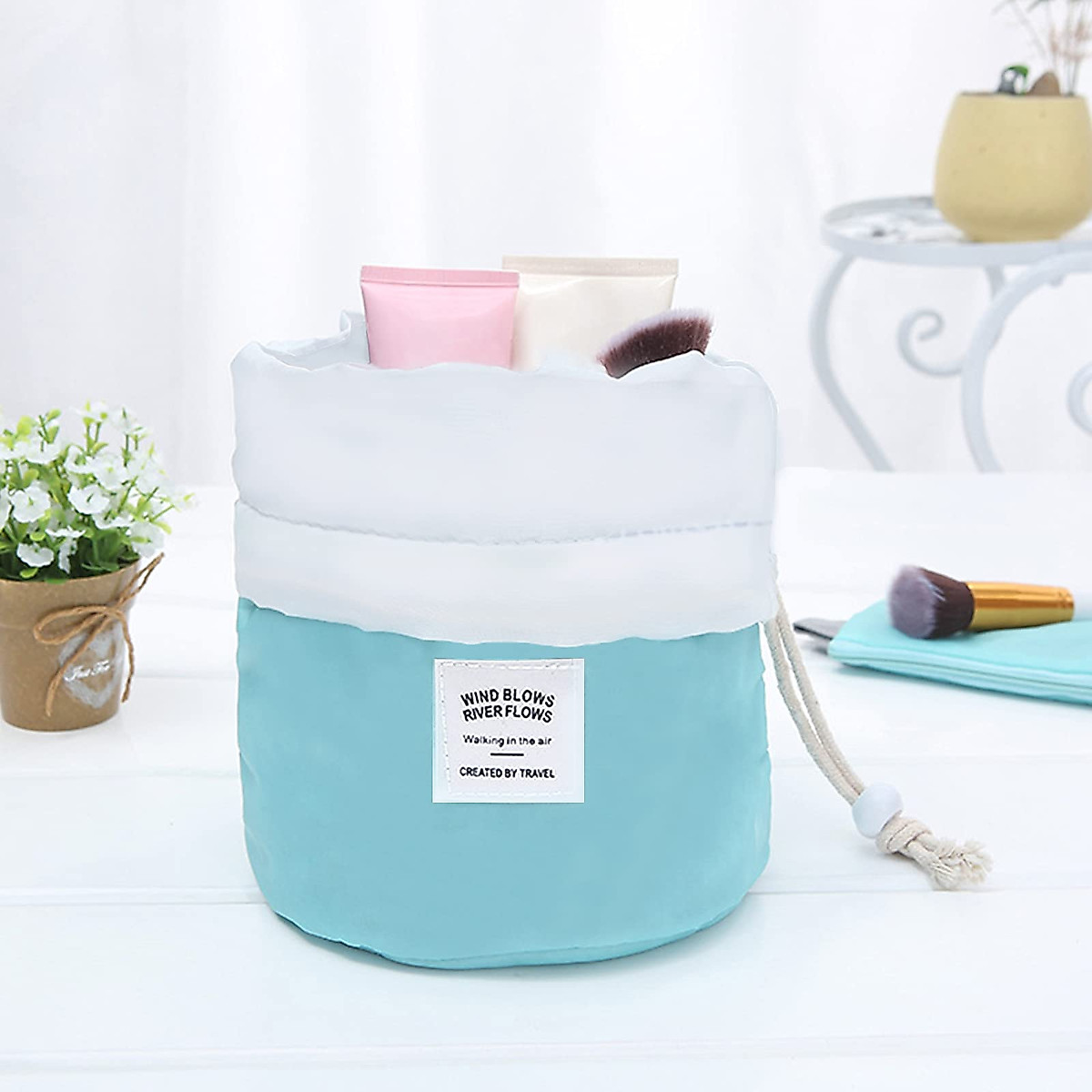 INVODA 2PCS Travel Cosmetic Bag Makeup Organizer Bag Bathroom Cases Toiletry Bag with Drawstring (Green+Blue)