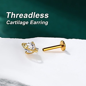 COCHARM 14K Gold Cartilage Earring Stud Yellow Gold 16g Flat Back Cartilage Stud 14K Solid Gold Push in Cartilage Piercing Stud Planet Labret Stud Gold Medusa Studs