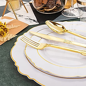WDF 50Guest Gold Plastic Plates - Disposable White and Gold Plastic Plates include 100Plates, 150Gold Plastic Silverware, 50Cups, 50Napkins Plates for Wedding&Parties